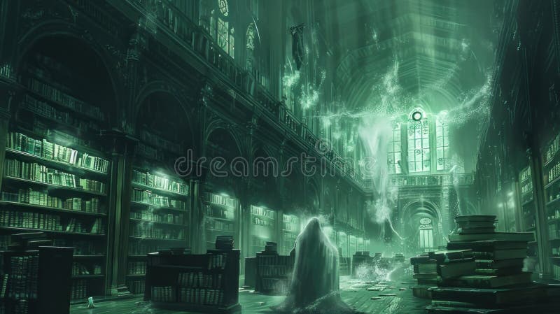A Haunted Library with Floating Books and Ghostly Figures. Stock Image ...