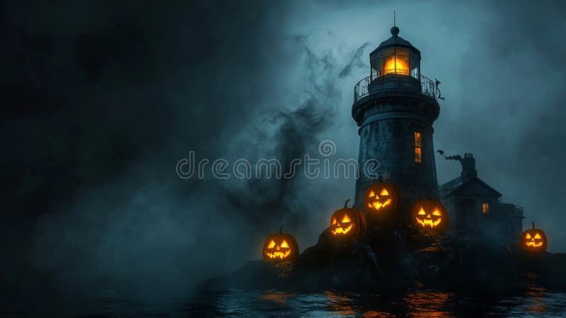 Haunted Lighthouse with Glowing Jack-o -Lanterns on a Foggy Night Stock ...