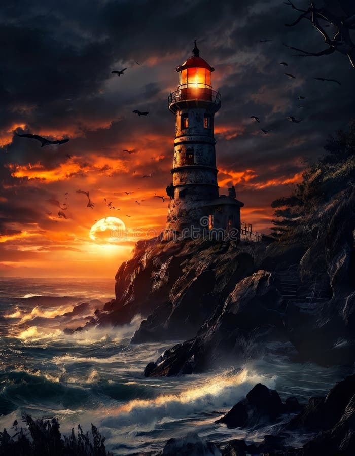 Haunted Lighthouse on Rocky Coast Under Dramatic Sky Stock Photo ...
