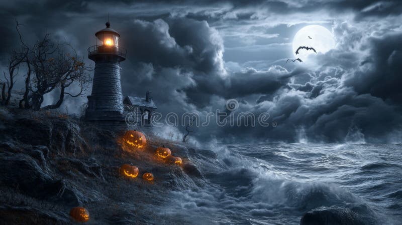 A Haunted Lighthouse on a Stormy Halloween Night Stock Illustration ...