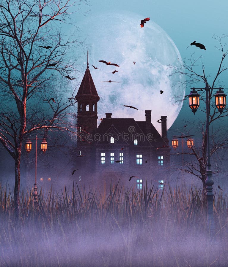 Haunted Manor Scene for Halloween Stock Illustration - Illustration of ...