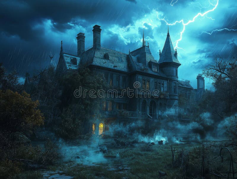 A Haunted Mansion Bathed in Rain and Lightning Stock Illustration ...