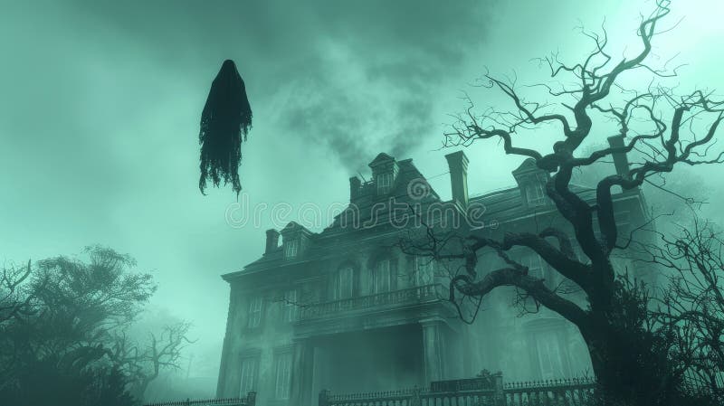 Haunted Mansion with Ghostly Figure Hovering Nearby and Twisted Trees ...