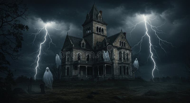 Haunted Mansion on a Hilltop Stock Illustration - Illustration of dark ...