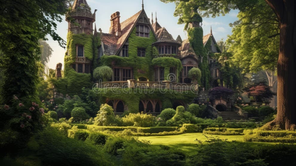 A Haunted Mansion with Overgrown Gardens Stock Illustration ...