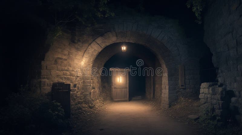 A Haunted Mine Entrance with Ghostly Lights Inside Stock Illustration ...