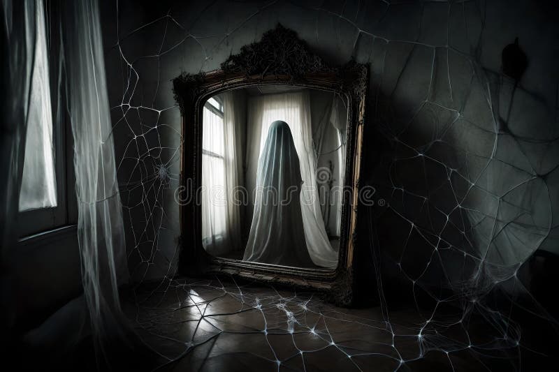 A Haunted Mirror Reflecting a Distorted, Ghostly Figure in a Dimly Lit ...