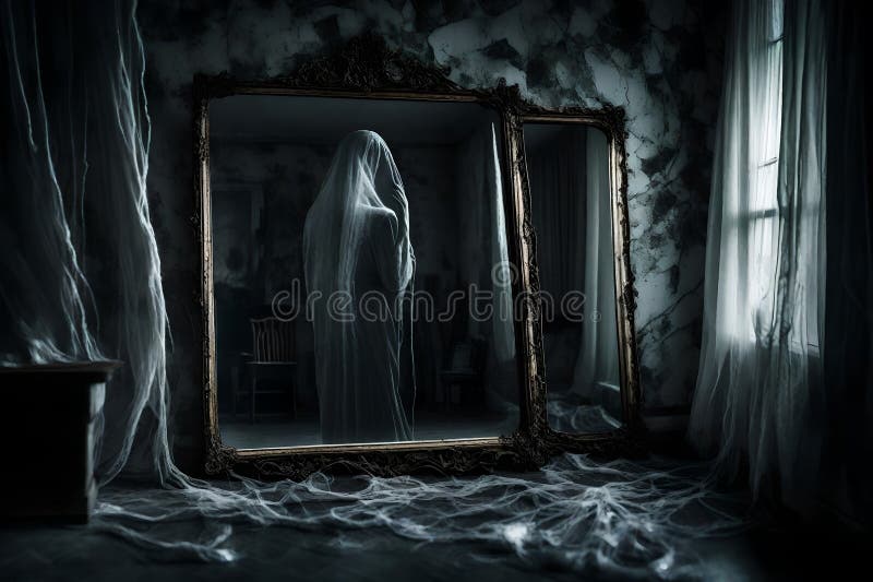 A Haunted Mirror Reflecting a Distorted, Ghostly Figure in a Dimly Lit ...