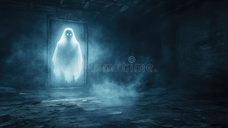 Haunted Mirror Reflecting Ghostly Figure in Misty Room Stock ...