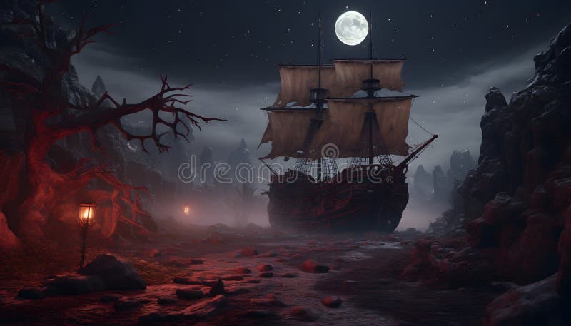 A Haunted Pirate Ship Sailing on a Mysterious and Foggy Sea Ghostly ...
