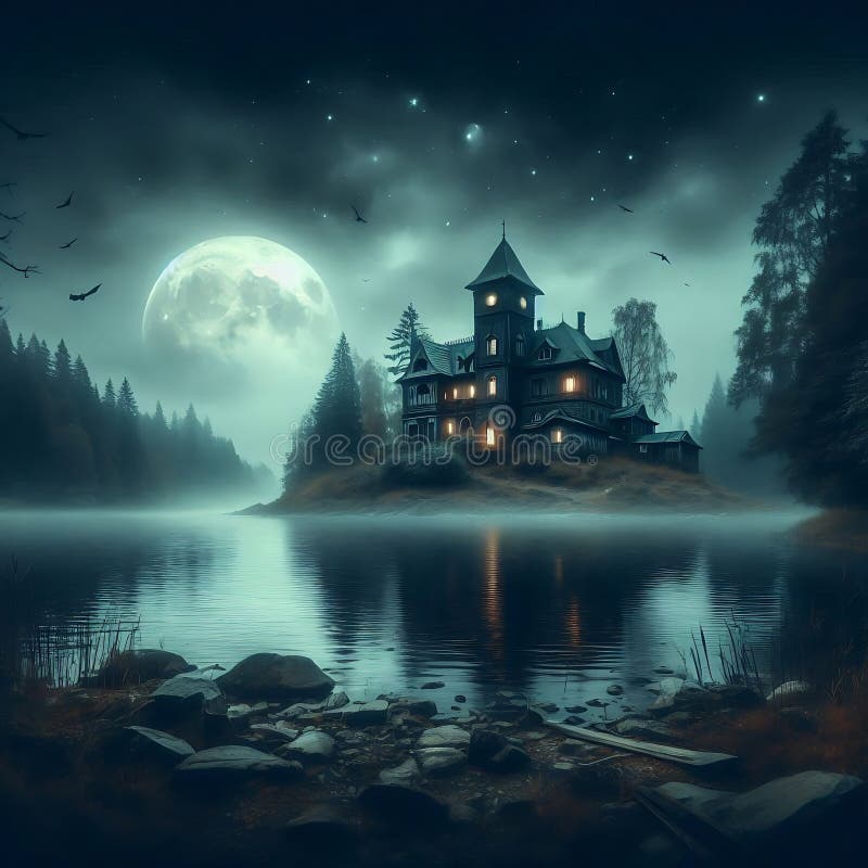 Horror Places with River and Abounded House in Midnight Stock Image ...