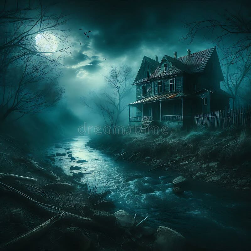 Horror Places with River and Abounded House in Midnight Stock Image ...