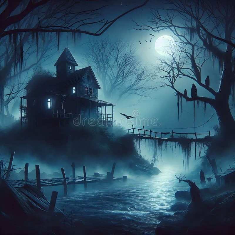 Horror Places with River and Abounded House in Midnight Stock Image ...