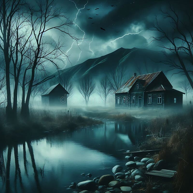 Horror Places with River and Abounded House in Midnight Stock Image ...
