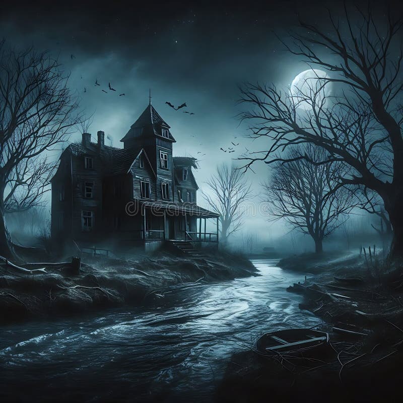 Horror Places with River and Abounded House in Midnight Stock Image ...