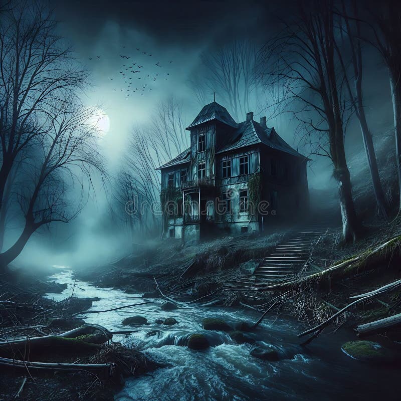 Horror Places with River and Abounded House in Midnight Stock Image ...