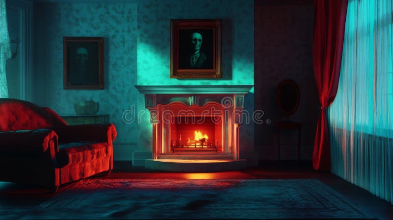 A Haunted Room with a Fireplace and a Creepy Portrait Stock ...