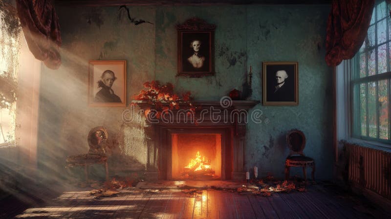 A Haunted Room with a Fireplace and Portraits Stock Illustration ...