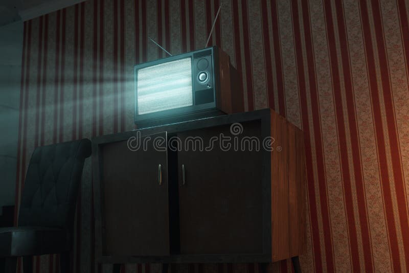 Haunted Room with an Old Television with Bright Static Screen Stock ...