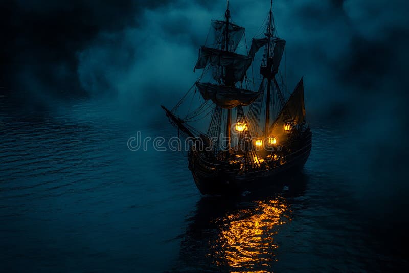 Haunted Ship Sailing through Ghostly Waters with Tattered Sails Stock ...