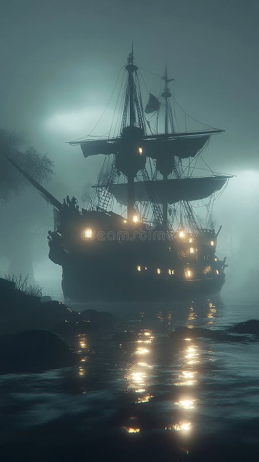 Haunted Ship Sailing through Ghostly Waters with Tattered Sails Stock ...