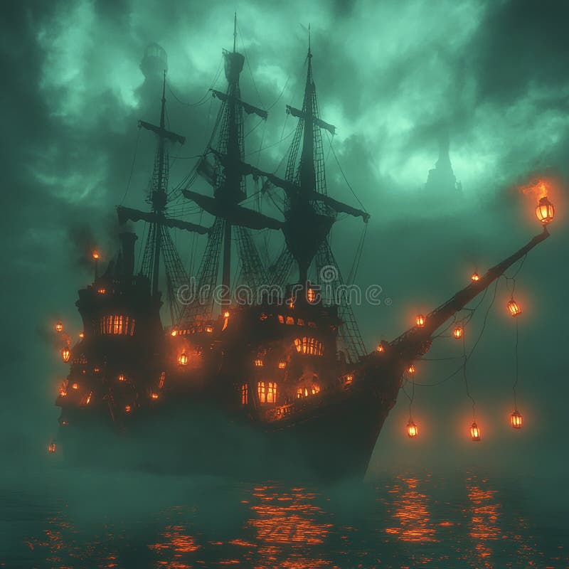 Haunted Ship Sailing through Ghostly Waters with Tattered Sails Stock ...