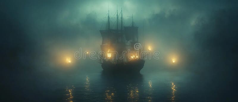 Haunted Ship Sailing through Ghostly Waters with Tattered Sails Stock ...