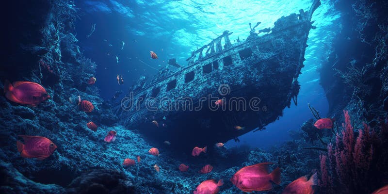 Haunted Shipwreck Deep Underwater Surrounded by Glowing Fish with ...