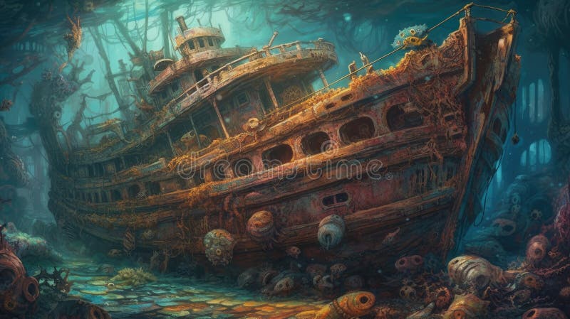 Haunted Shipwreck on the Ocean Floor Stock Illustration - Illustration ...