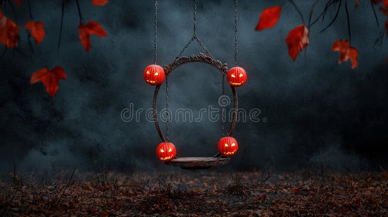 Haunted Swing with Glowing Pumpkins in a Dark Eerie Environment Autumn ...