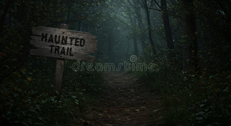 Haunted Trail Sign in Dark Foggy Forest Stock Photo - Image of ...