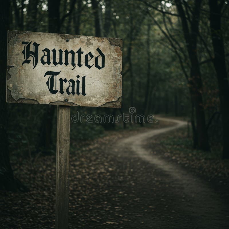 Haunted Trail Sign in Dark Forest Stock Illustration - Illustration of ...
