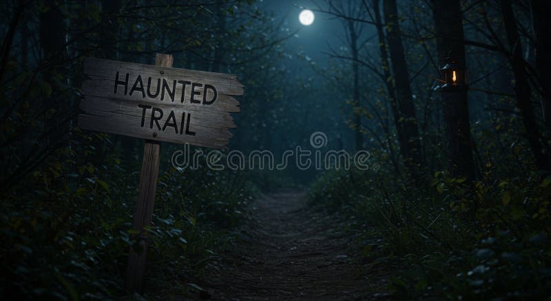 Haunted Trail Sign in Dark Forest at Night Stock Photo - Image of fall ...