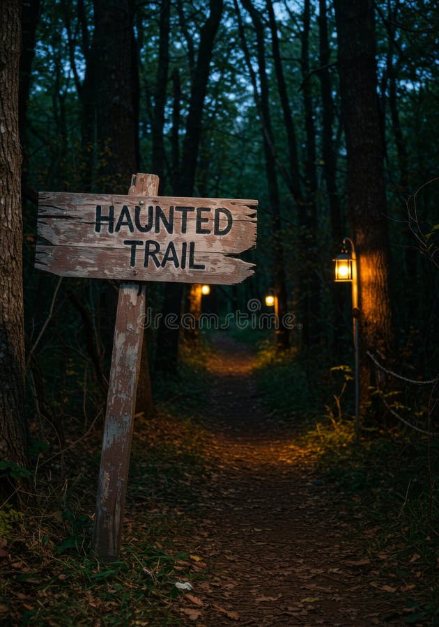 Haunted Trail Sign in Dark Forest at Night Stock Illustration ...