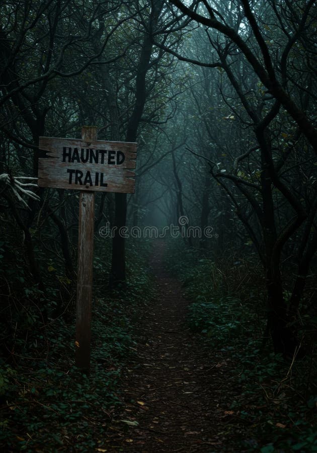 Haunted Trail Sign in a Foggy Forest Stock Illustration - Illustration ...