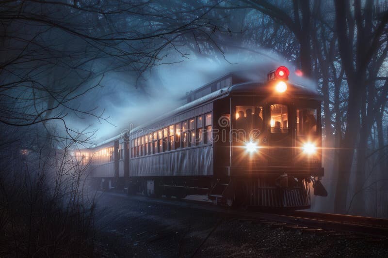 A Haunted Train with Ghostly Passengers and Eerie Lights Stock ...