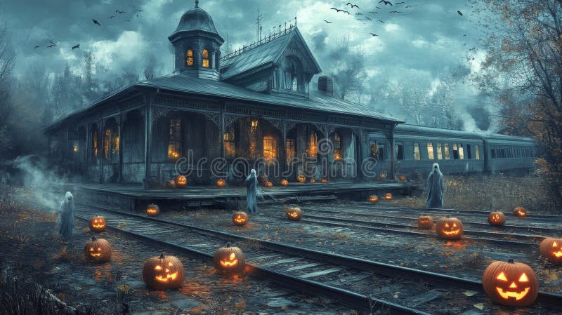 Haunted Train Station with Jack-O-Lanterns and Ghosts Stock ...