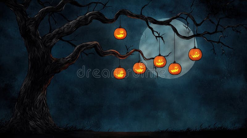 Haunted Tree with Glowing Pumpkins Against a Full Moon Background Stock ...
