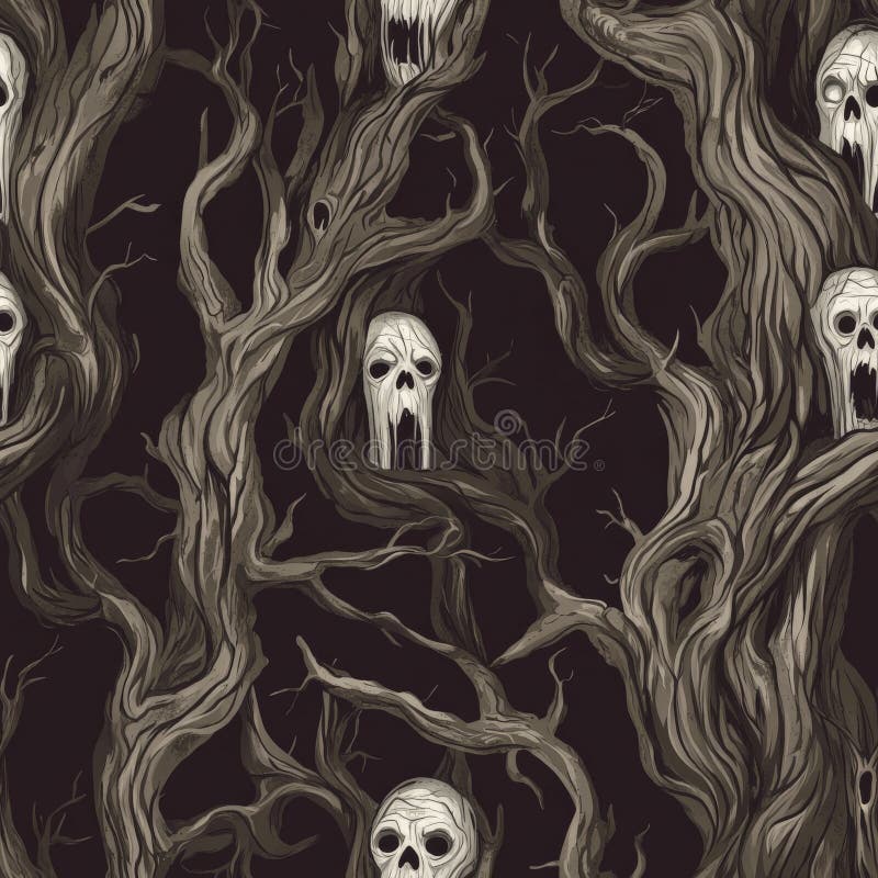 A Haunted Tree Pattern with Twisted Branches and Eerie Faces Hidden in ...