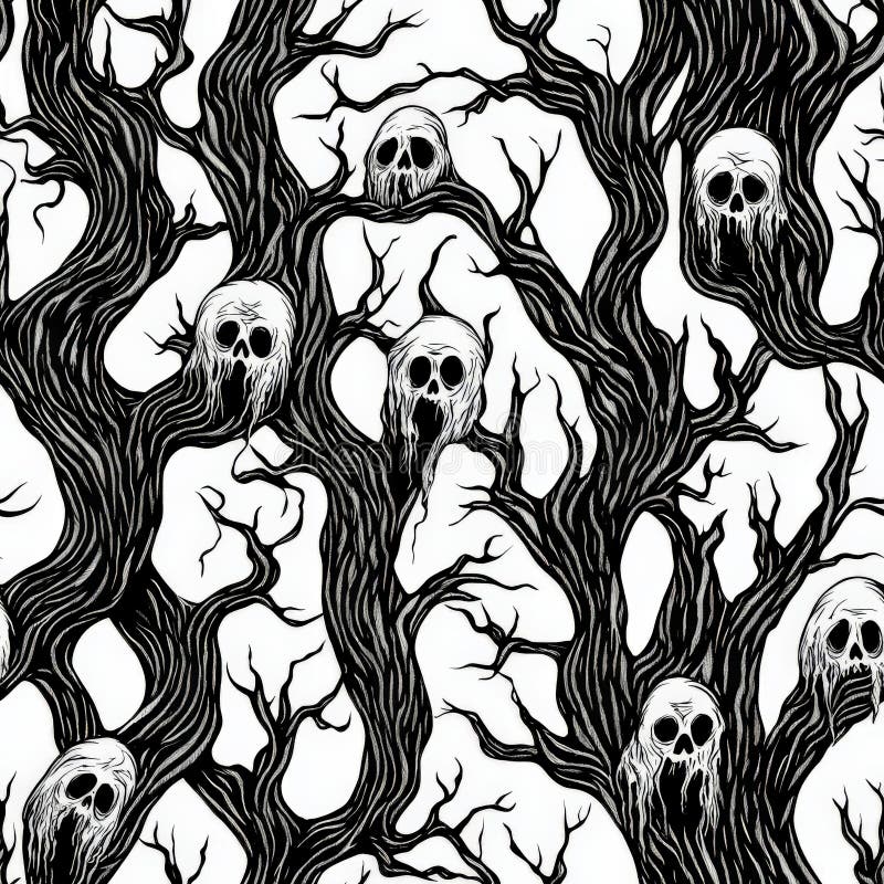 A Haunted Tree Pattern with Twisted Branches and Eerie Faces Hidden in ...