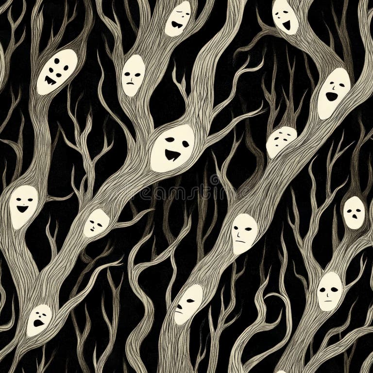 A Haunted Tree Pattern with Twisted Branches and Eerie Faces Hidden in ...