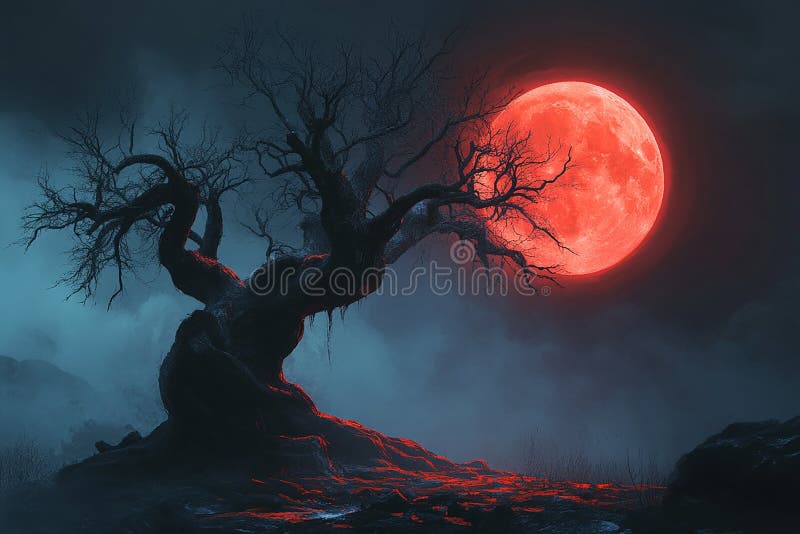 Haunted Tree with Twisted Branches Glowing Under the Moonligh Stock ...