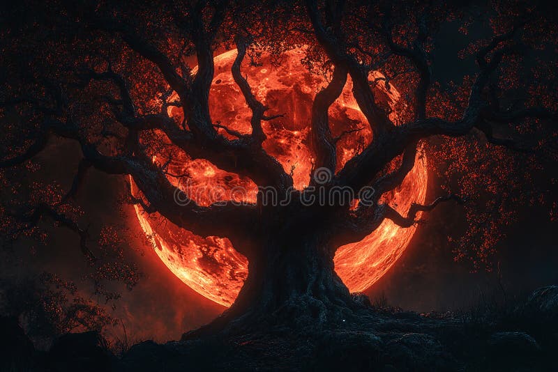 Haunted Tree with Twisted Branches Glowing Under the Moonligh Stock ...