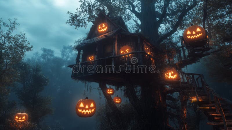 Haunted Treehouse with Jack-O-Lantern Decorations in a Foggy Forest ...