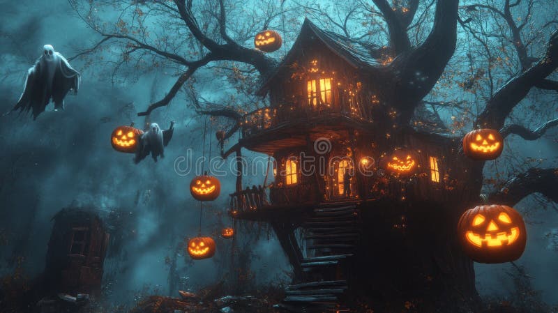 A Haunted Treehouse with Jack-o-Lanterns and Ghosts in a Foggy Forest ...
