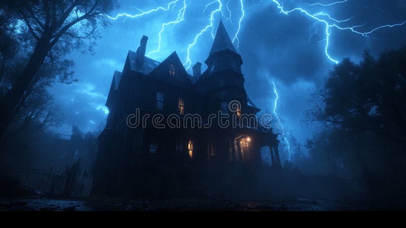 A Haunted Victorian House Bathed in Lightning and Rain Stock ...