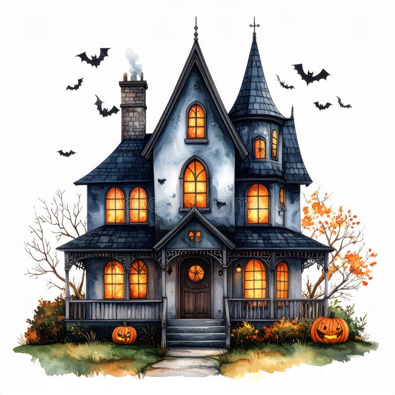 Haunted Victorian House with Bats and Pumpkins Stock Illustration ...