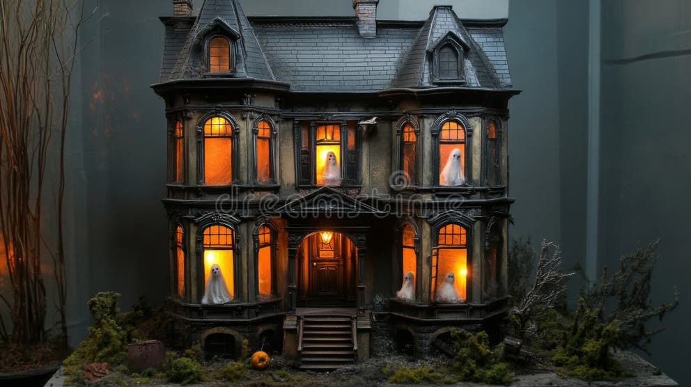 Haunted Victorian House with Ghosts in Windows Stock Illustration ...