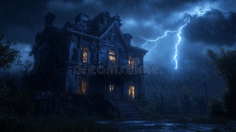 A Haunted Victorian Mansion Bathed in Rain and Lightning Stock ...