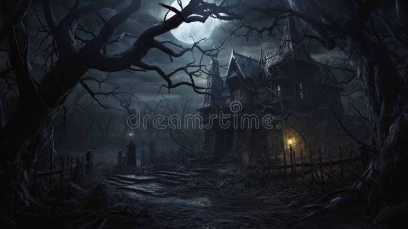 Haunted Victorian Mansion in Eerie Moonlit Forest Stock Photo - Image ...